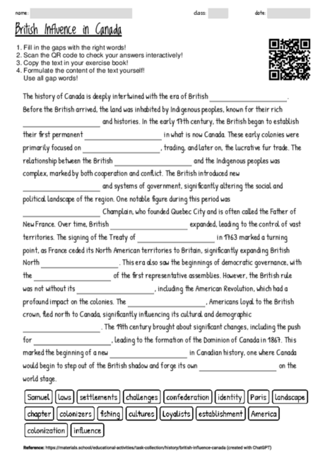 Worksheet with the topic "British Influence in Canada" | MATERIALS.SCHOOL