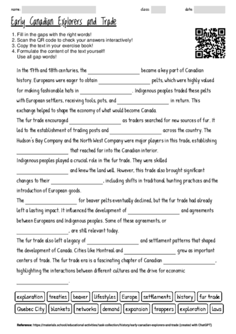 Worksheet with the topic "Early Canadian Explorers and Trade ...