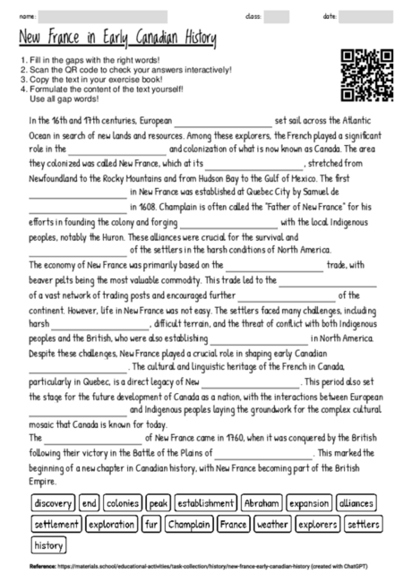 Worksheet with the topic "New France in Early Canadian History ...