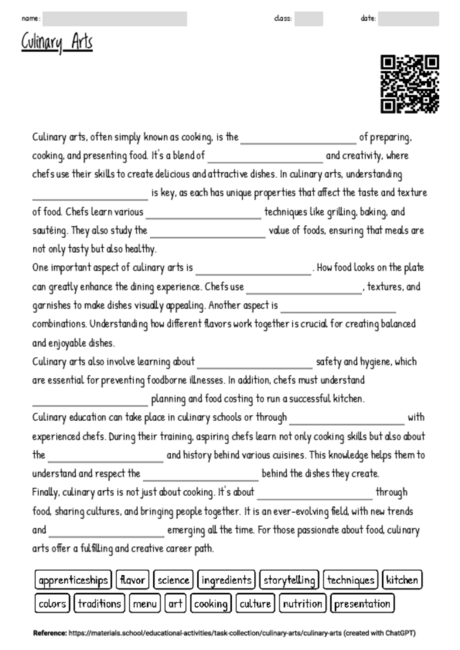 Worksheet with the topic "Culinary Arts" | MATERIALS.SCHOOL