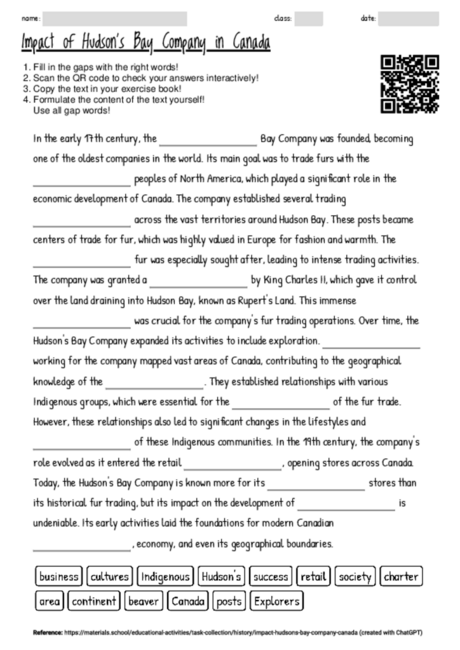Worksheet with the topic "Impact of Hudson's Bay Company in Canada ...