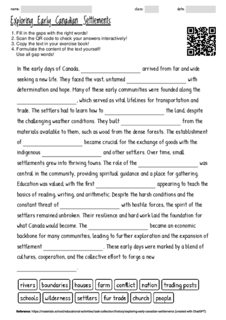 Worksheet with the topic "Exploring Early Canadian Settlements ...