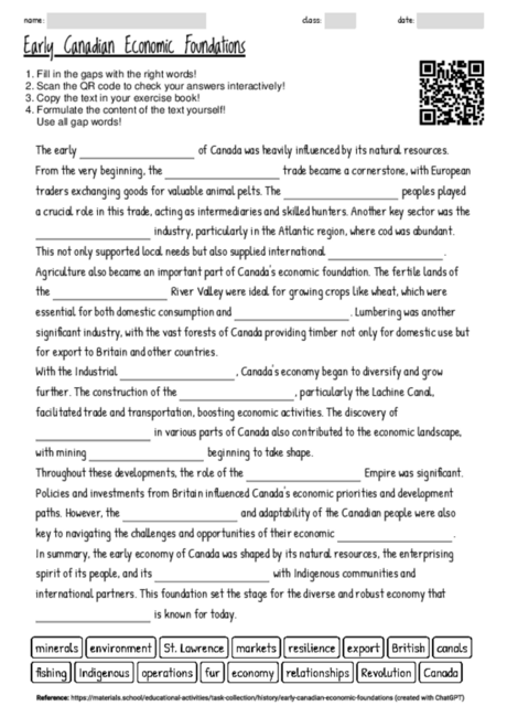 Worksheet with the topic "Early Canadian Economic Foundations ...