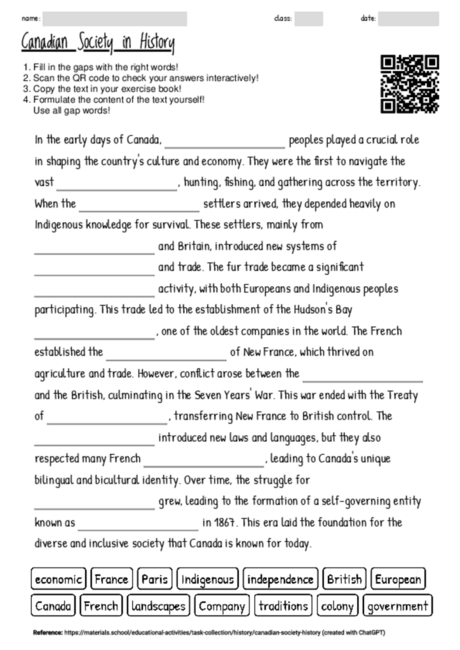 Worksheet with the topic "Canadian Society in History" | MATERIALS.SCHOOL
