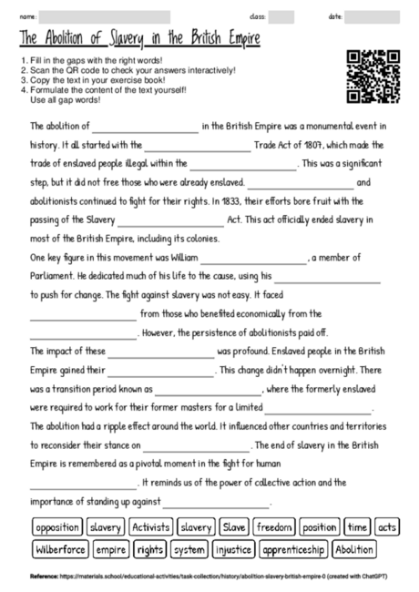 Worksheet with the topic "The Abolition of Slavery in the British ...