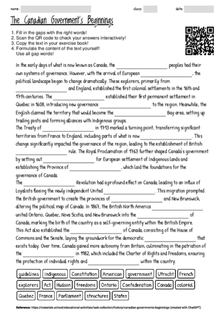 Worksheet with the topic "The Canadian Government's Beginnings ...
