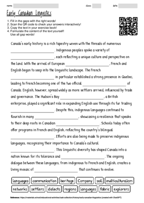 Worksheet with the topic "Early Canadian Linguistics" | MATERIALS.SCHOOL
