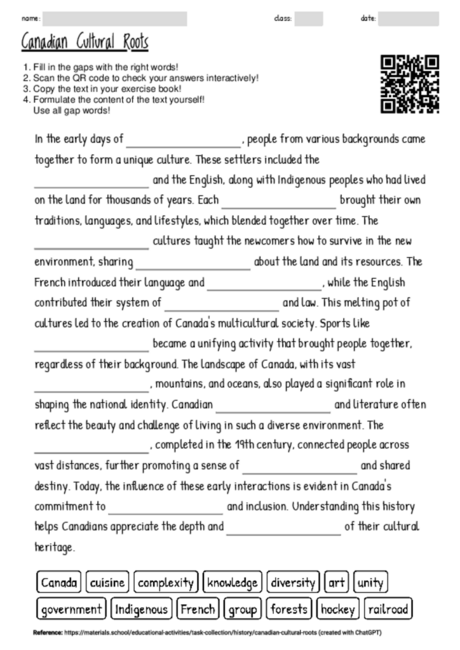 Worksheet with the topic "Canadian Cultural Roots" | MATERIALS.SCHOOL