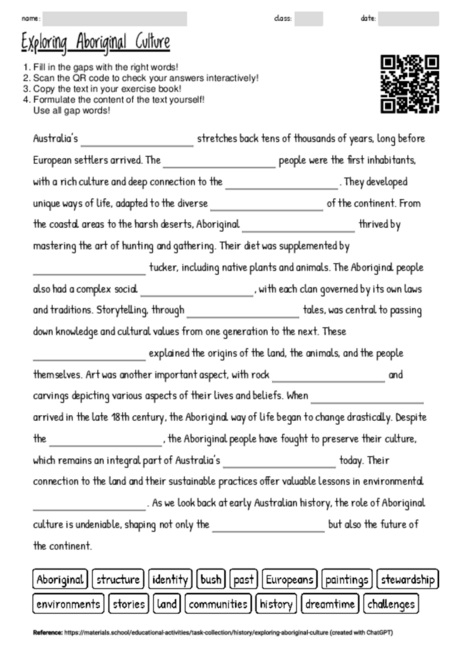 Worksheet with the topic "Exploring Aboriginal Culture" | MATERIALS.SCHOOL