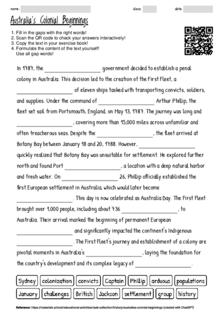 Worksheet with the topic "Australia's Colonial Beginnings" | MATERIALS ...