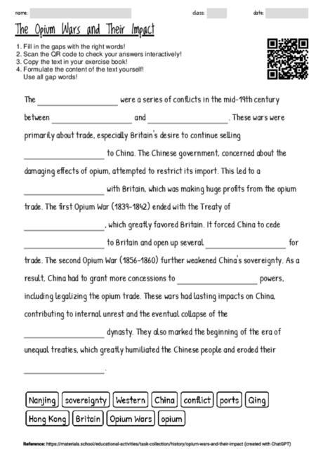 Worksheet with the topic "The Opium Wars and Their Impact" | MATERIALS ...
