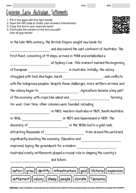 Worksheet with the topic "Exploring Early Australian Settlements ...