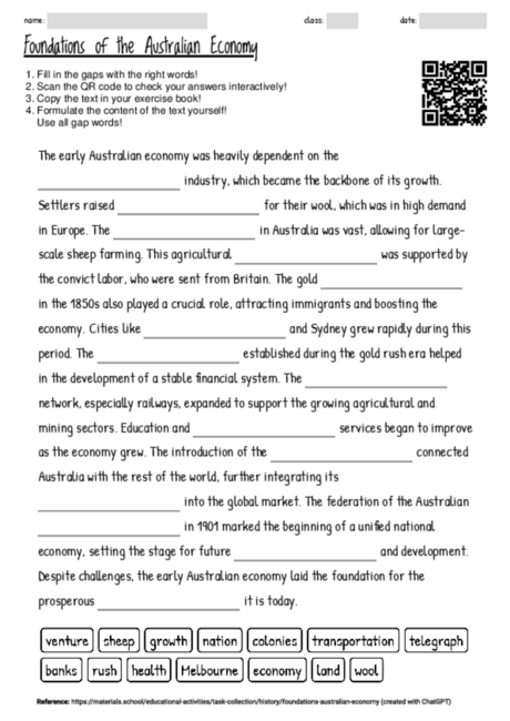 Worksheet with the topic "Foundations of the Australian Economy ...