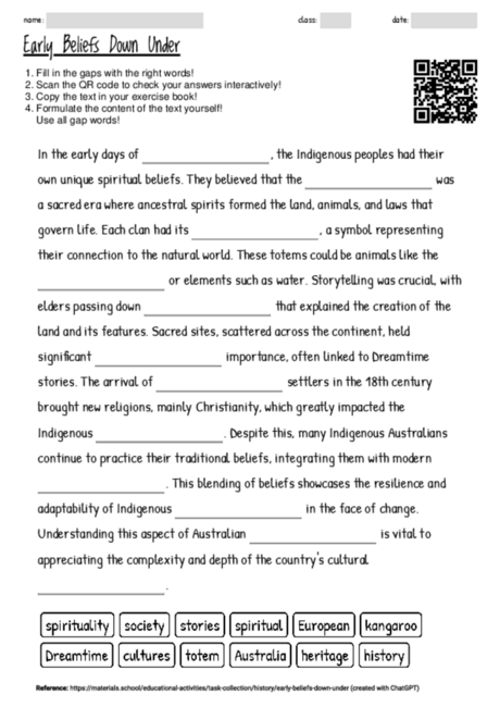 Worksheet with the topic "Early Beliefs Down Under" | MATERIALS.SCHOOL