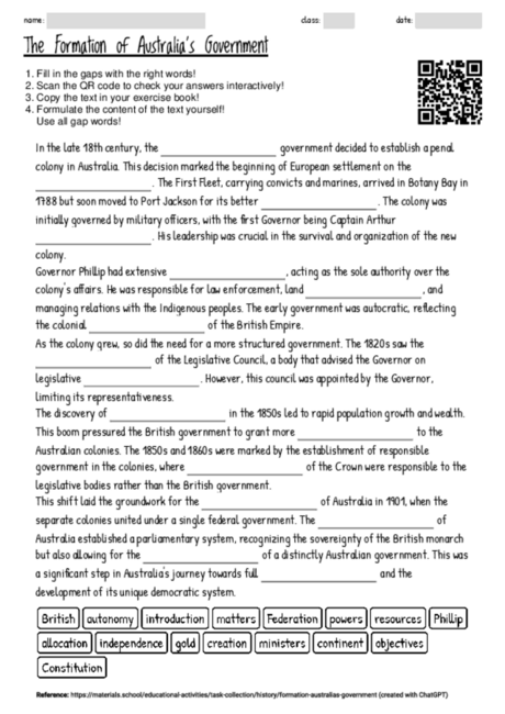 Worksheet with the topic "The Formation of Australia's Government ...