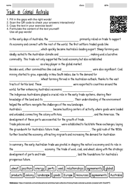 Worksheet with the topic "Trade in Colonial Australia" | MATERIALS.SCHOOL