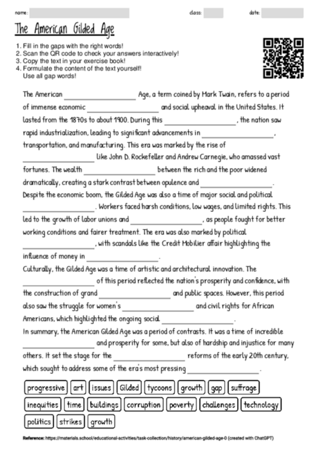 Worksheet with the topic "The American Gilded Age" | MATERIALS.SCHOOL