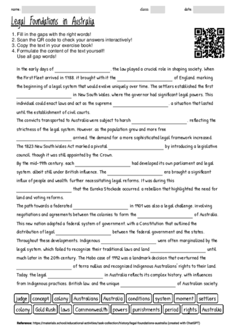 Worksheet with the topic "Legal Foundations in Australia" | MATERIALS ...