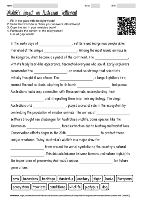 Worksheet with the topic "Wildlife's Impact on Australian Settlement ...