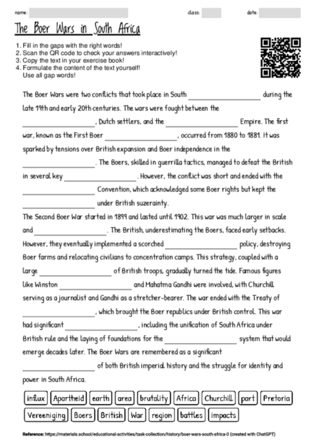 Worksheet with the topic "The Boer Wars in South Africa" | MATERIALS.SCHOOL