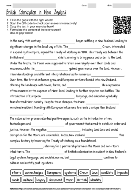Worksheet with the topic "British Colonization in New Zealand ...