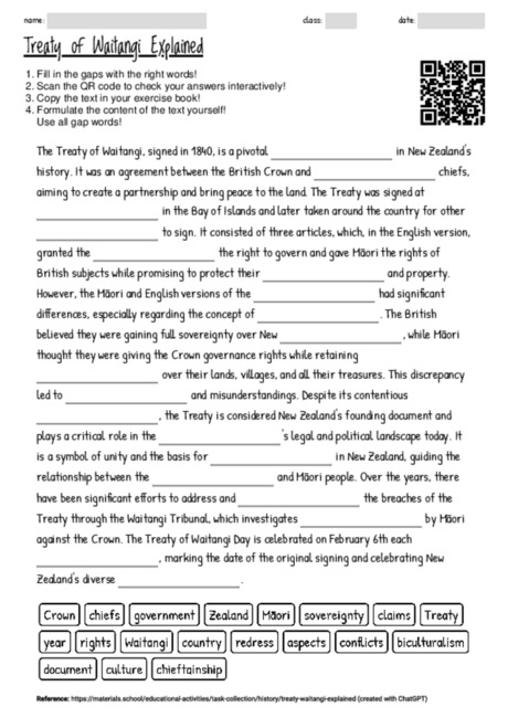 Worksheet with the topic "Treaty of Waitangi Explained" | MATERIALS.SCHOOL