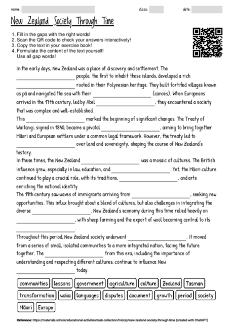 Worksheet with the topic "New Zealand Society Through Time" | MATERIALS ...