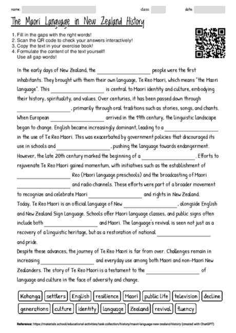 Worksheet with the topic "The Maori Language in New Zealand History ...