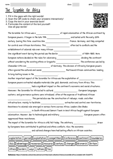 Worksheet with the topic "The Scramble for Africa" | MATERIALS.SCHOOL