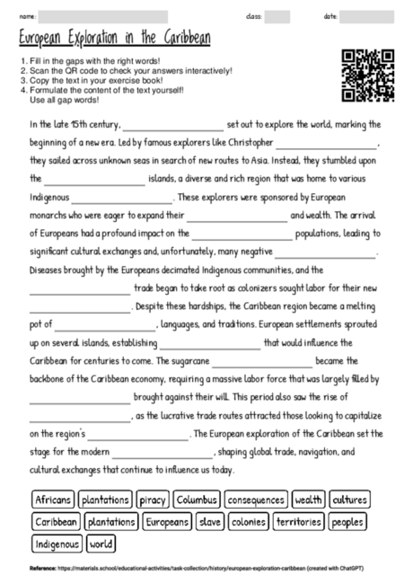 Worksheet with the topic "European Exploration in the Caribbean ...