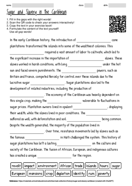 Worksheet with the topic "Sugar and Slavery in the Caribbean ...