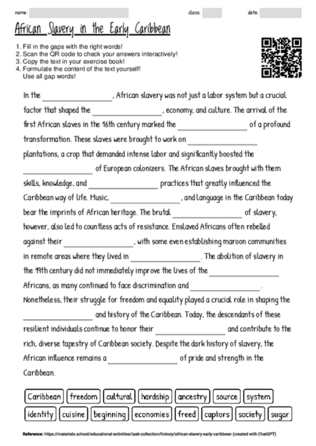 Worksheet with the topic "African Slavery in the Early Caribbean ...
