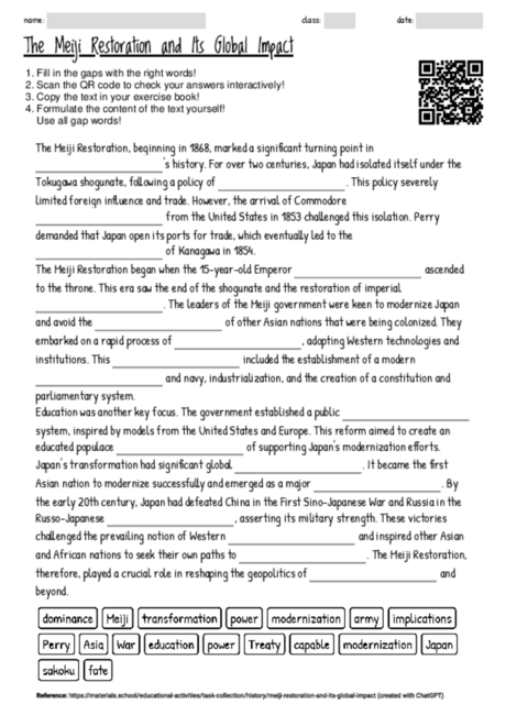 Worksheet with the topic "The Meiji Restoration and Its Global Impact ...