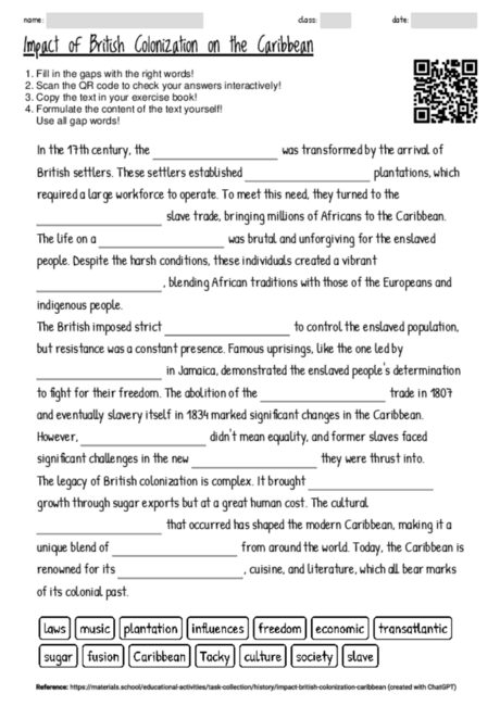 Worksheet with the topic "Impact of British Colonization on the ...