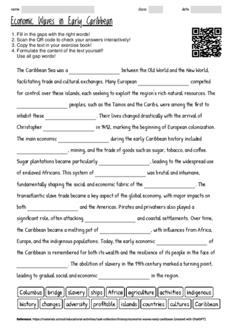 Worksheet with the topic "Economic Waves in Early Caribbean ...