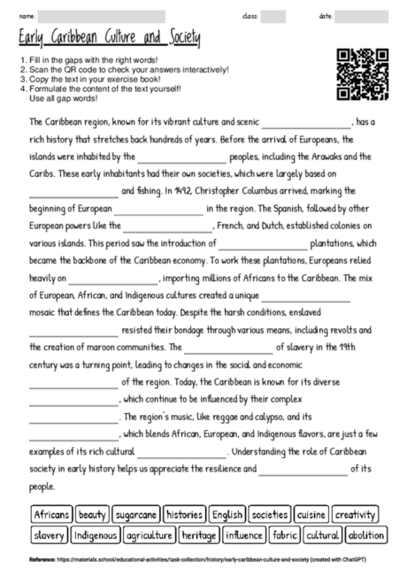 Worksheet with the topic "Early Caribbean Culture and Society ...