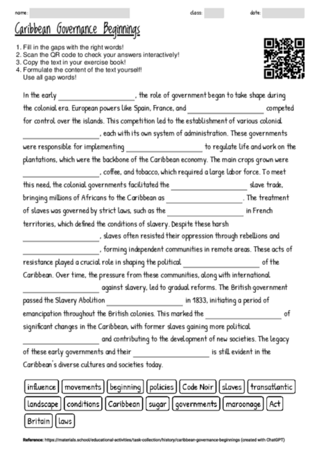 Worksheet with the topic "Caribbean Governance Beginnings" | MATERIALS ...
