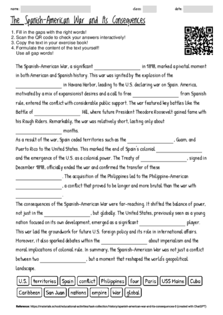 Worksheet with the topic "The Spanish-American War and Its Consequences ...