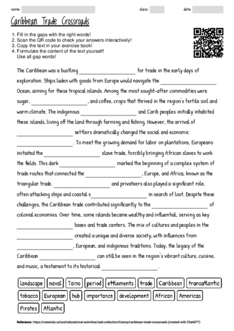 Worksheet with the topic "Caribbean Trade Crossroads" | MATERIALS.SCHOOL