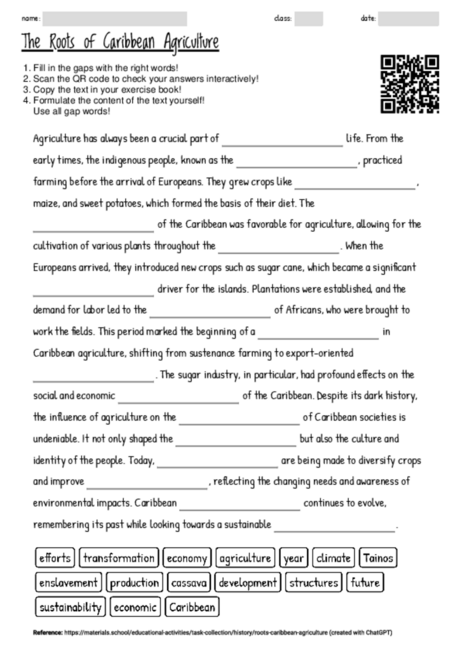 Worksheet with the topic "The Roots of Caribbean Agriculture ...