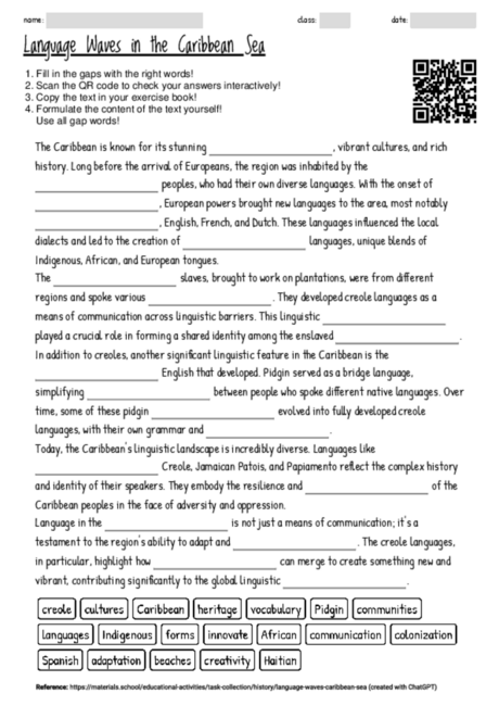 Worksheet with the topic "Language Waves in the Caribbean Sea ...