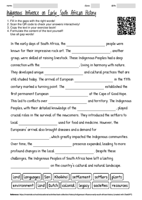 Worksheet with the topic "Indigenous Influence on Early South African ...