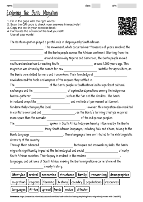 Worksheet with the topic "Exploring the Bantu Migration" | MATERIALS.SCHOOL