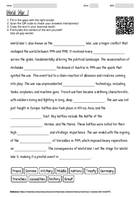 Worksheet with the topic "World War I" | MATERIALS.SCHOOL