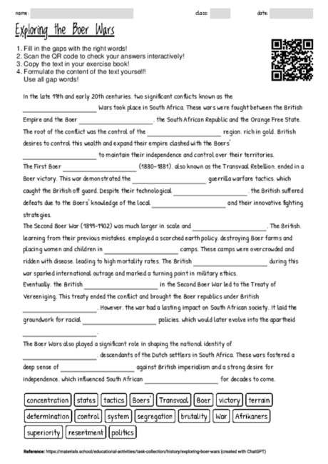 Worksheet with the topic "Exploring the Boer Wars" | MATERIALS.SCHOOL