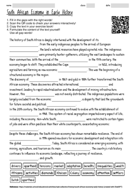 Worksheet with the topic "South African Economy in Early History ...