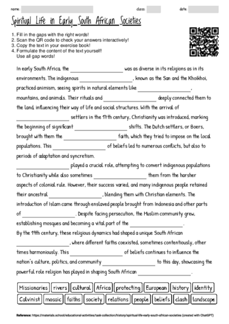 Worksheet with the topic "Spiritual Life in Early South African ...