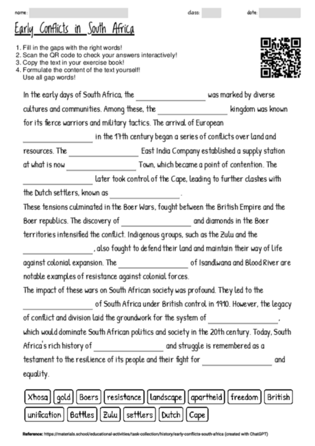 Worksheet with the topic "Early Conflicts in South Africa" | MATERIALS ...