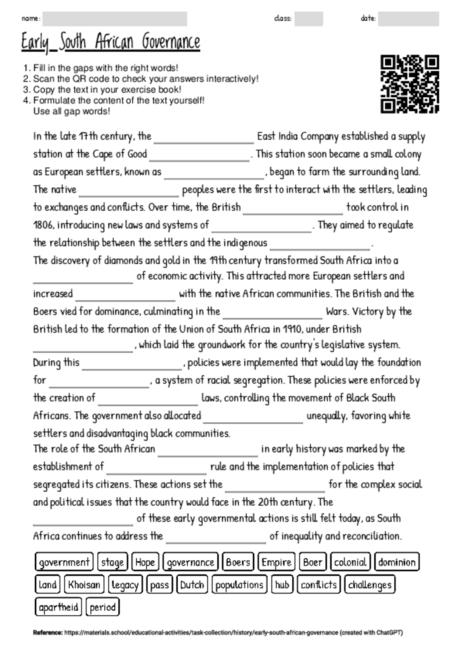 Worksheet with the topic "Early South African Governance" | MATERIALS ...