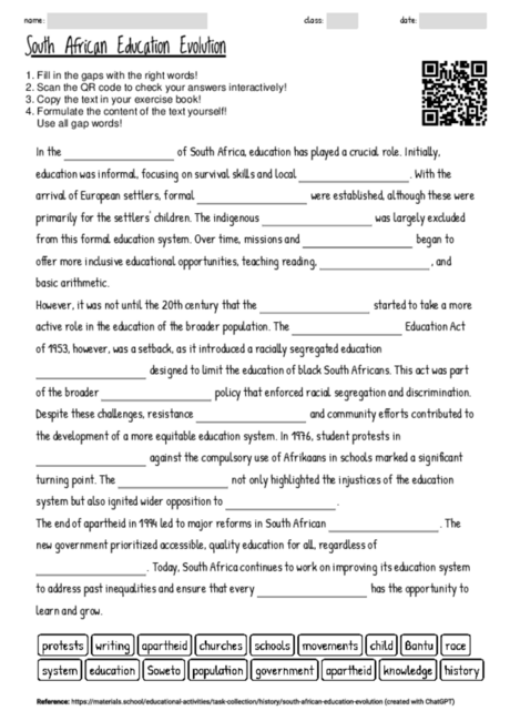 Worksheet with the topic "South African Education Evolution ...